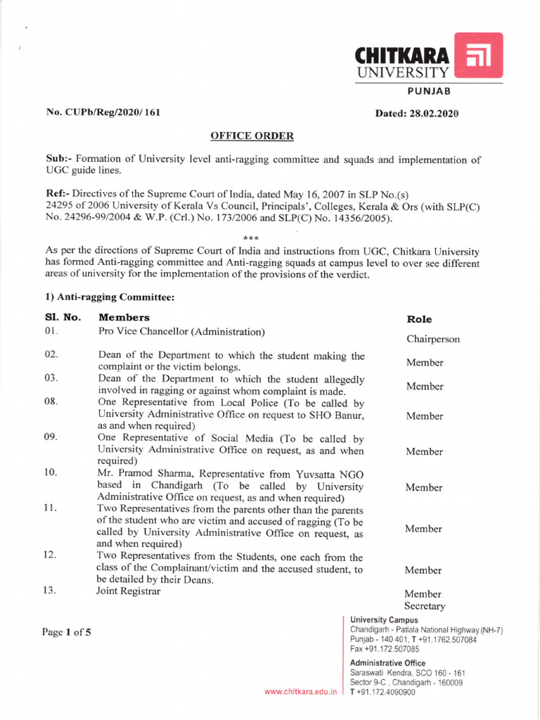 Anti Ragging Office Order | PDF