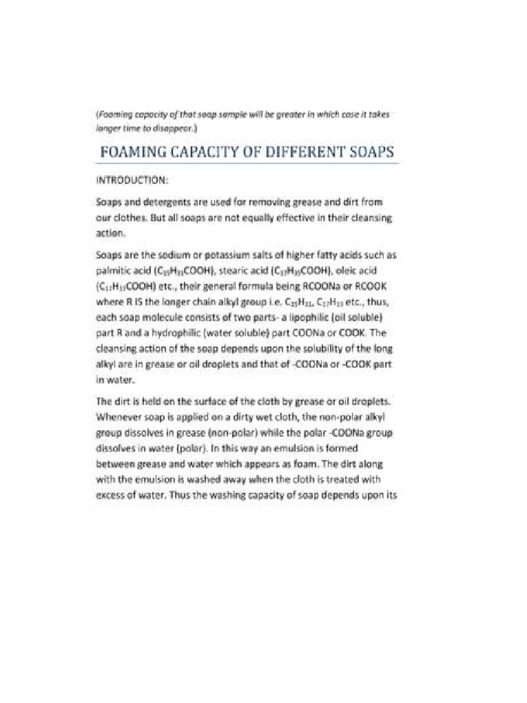Foaming Capacity of Soap | PDF