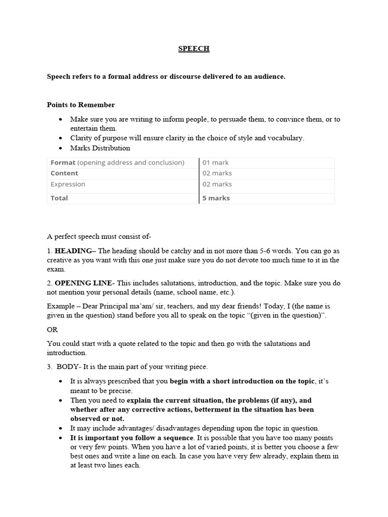 Class 11 Speech Writing Guide | PDF