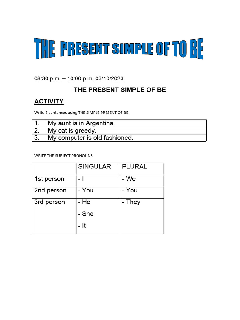 Present Simple of "Be" Exercises | PDF