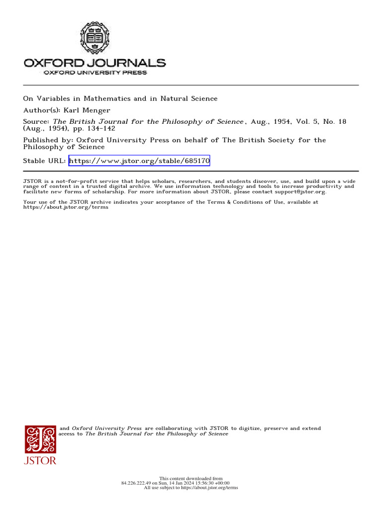 Menger - On Variables in Mathematics and Natural Science | PDF