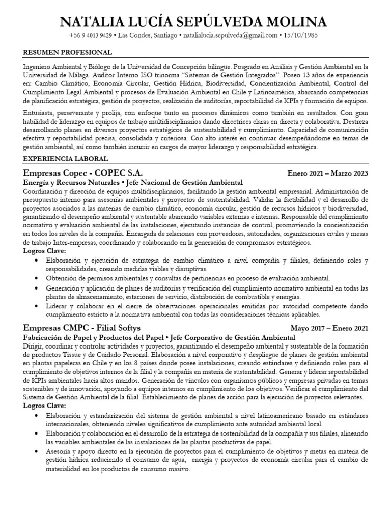 CV Natalia Sepúlveda Molina 2023 PDF | PDF | Sustentabilidad | Entorno natural