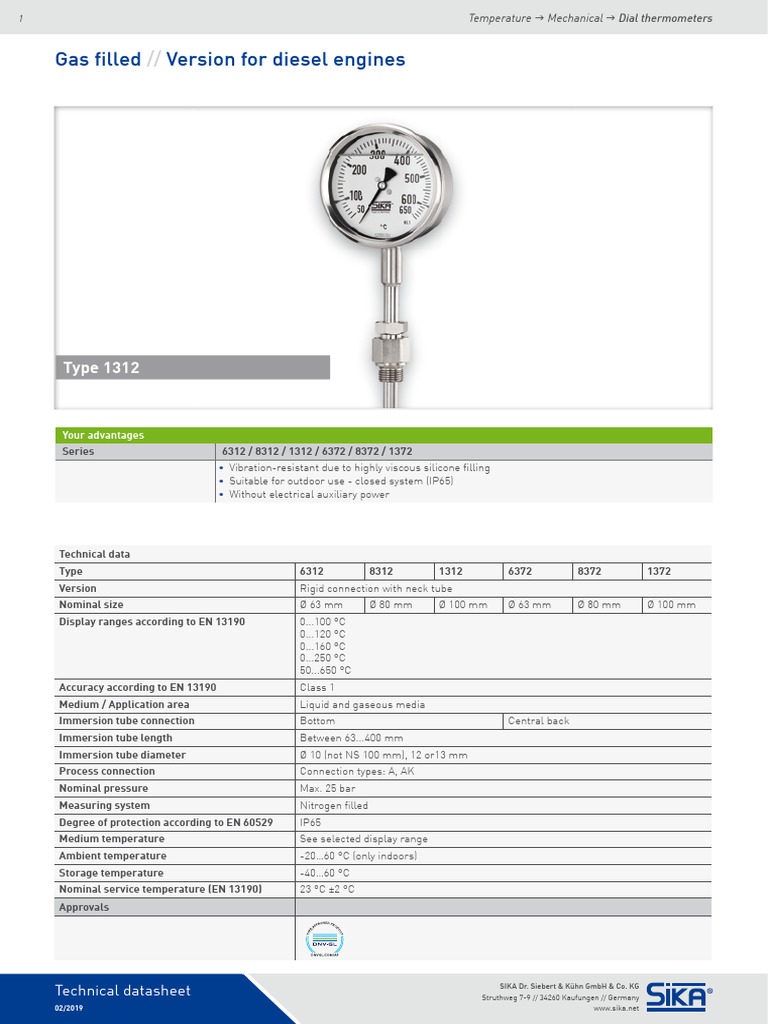 Datasheet Temperature Dial Thermometers 6312 8312 1312 6372 8372 1372 ...