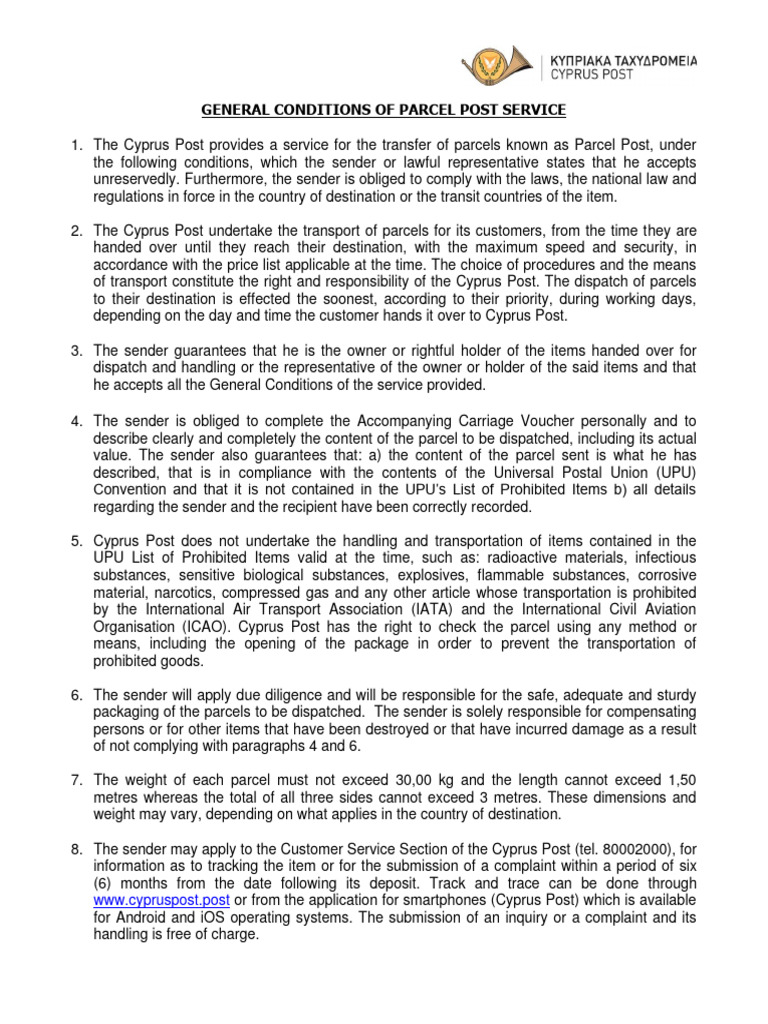 General Conditions of Parcel Post Service | PDF | Insurance | Mail