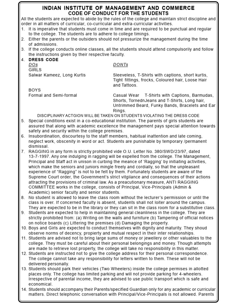 IIMC Student Code of Conduct Guidelines | PDF