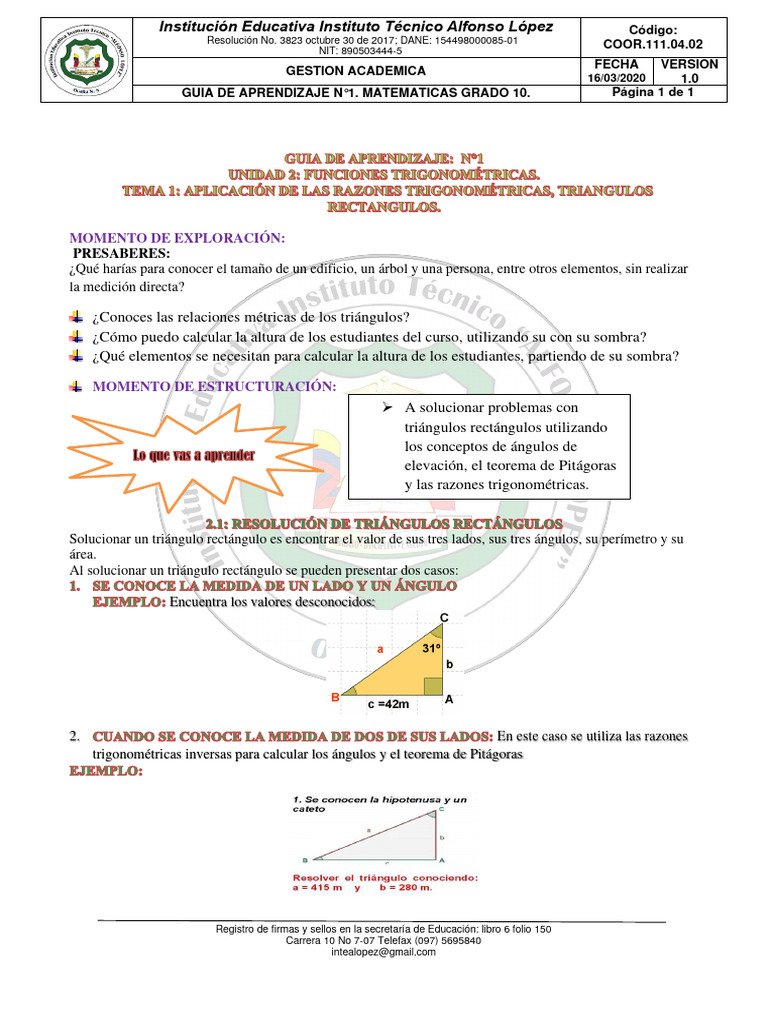 Guia de Aprendizaje N°1. Mat. Decimo | PDF | Triángulo | Trigonometría Guia de Aprendizaje N°1. Mat. Decimo | PDF | Triángulo | Trigonometría