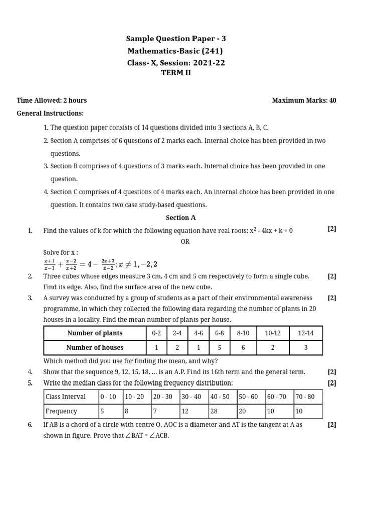 Maths Sample Paper | PDF | Circle | Elementary Geometry