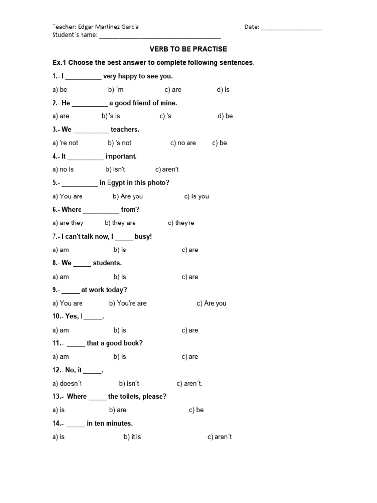 Verb To Be Practise Pdf Linguistics Languages