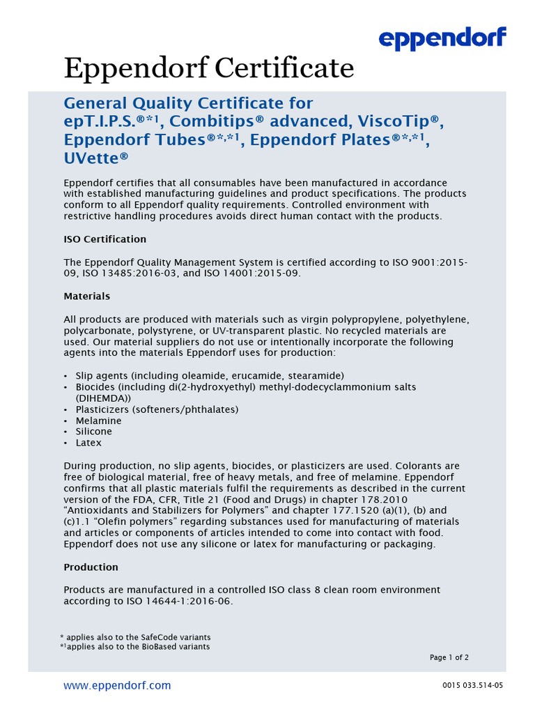 Eppendorf - Consumables - Certificate Quality Conformity Eppendorf ...