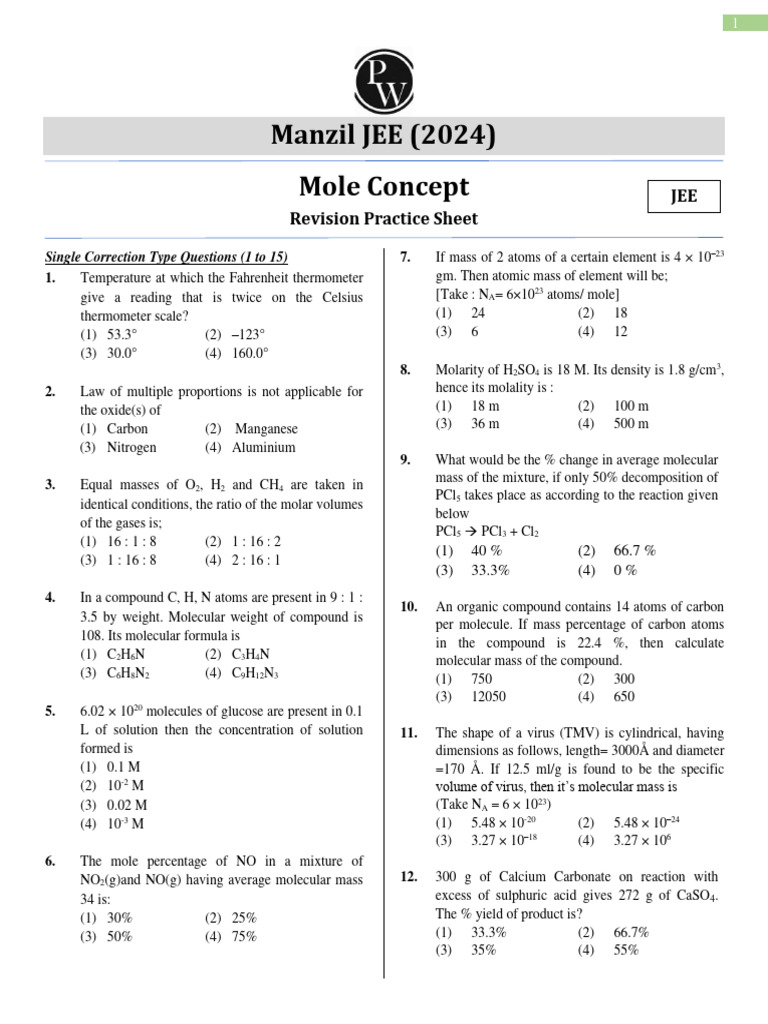 Mole Concept _ Practice Sheet | PDF