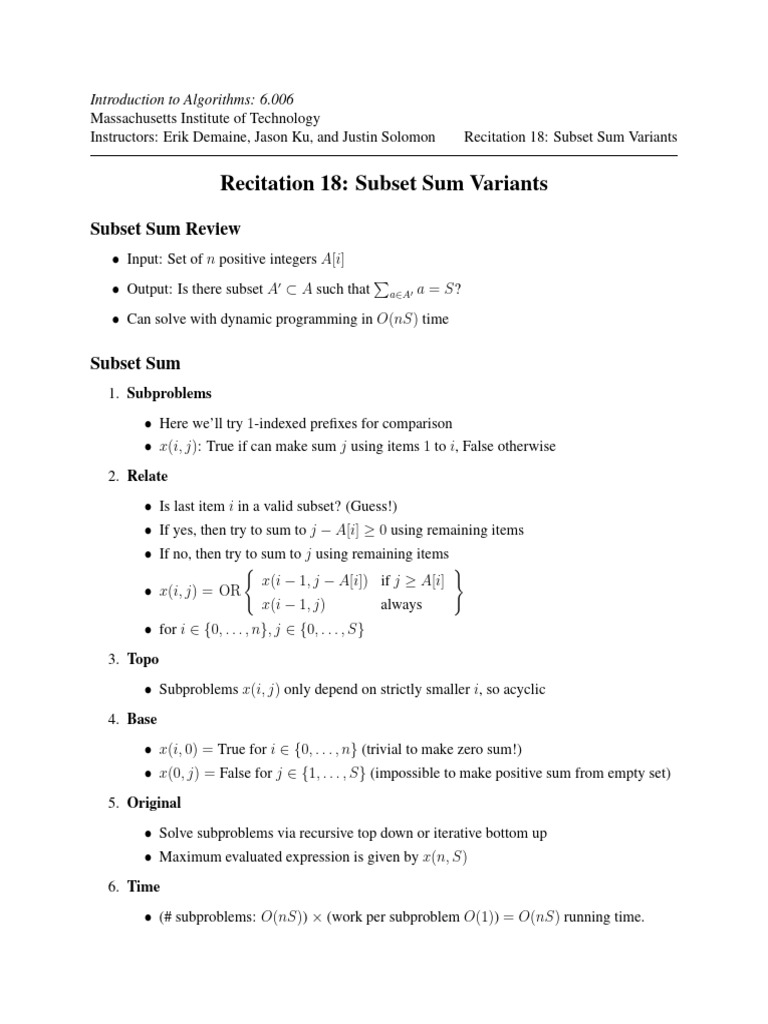 Recitation 18: Subset Sum Variants | PDF | Applied Mathematics | Theoretical Computer Science