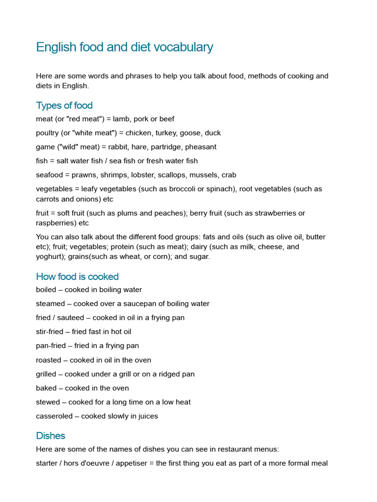 Food Vocabulary, Diets | PDF | Dieting | Carbohydrates