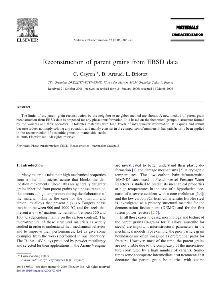 Cayron 2006 - Reconstruction of Parent Grains From EBSB Data, Materials Characterization ...