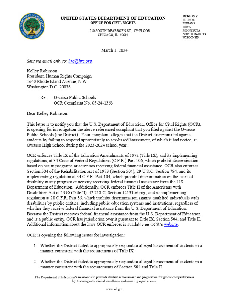 Letter DOE | PDF | Complaint | Section 504 Of The Rehabilitation Act
