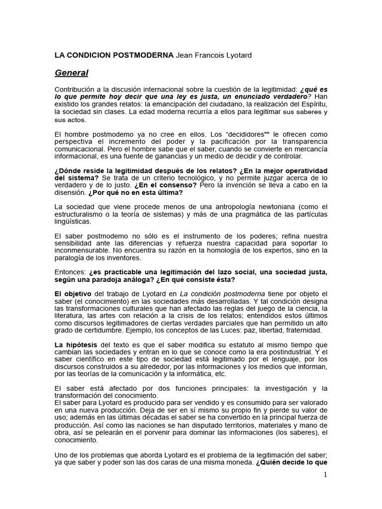 Resumen La Condicion Posmoderna - Lyotard | PDF | Ciencias sociales ...