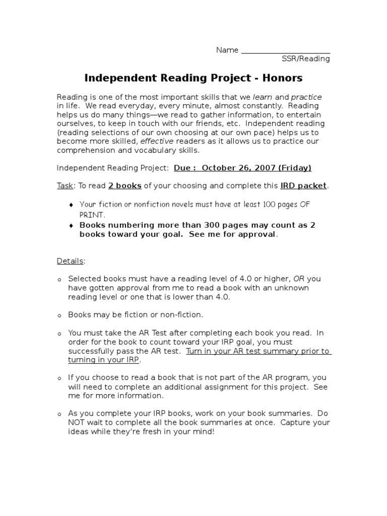 Honors Independent Reading Project Guide | PDF | Non Fiction | Reading ...