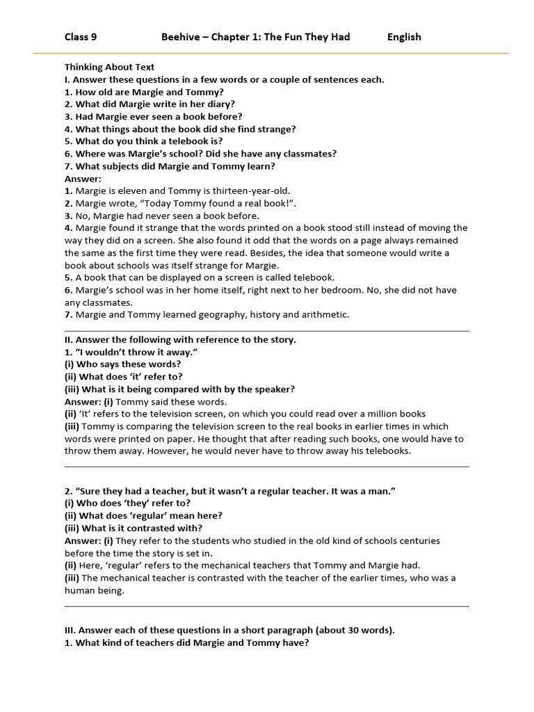 Chapter 1 - The Fun They Had-TEXTUAL QSAS | PDF | Teachers | Classroom