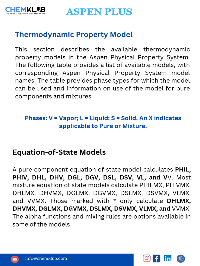 Aspen Plus Thermodynamic Models Overview | PDF