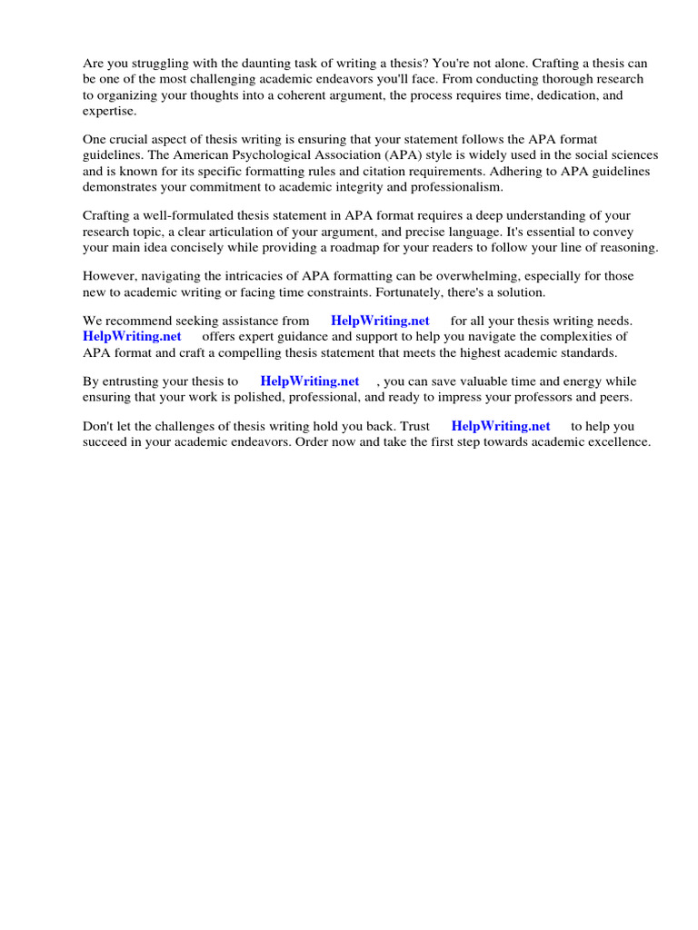 Sample Thesis Statement Apa Format | PDF | Apa Style | Citation
