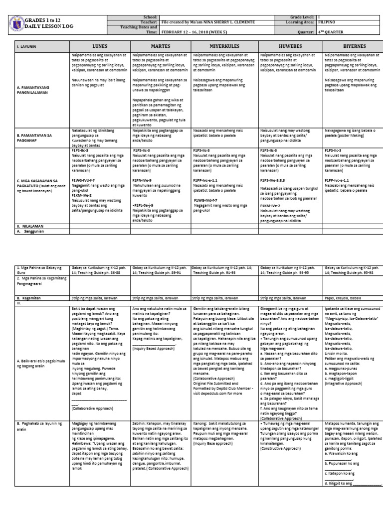 DLL - Filipino 1 - Q4 - W5 | PDF