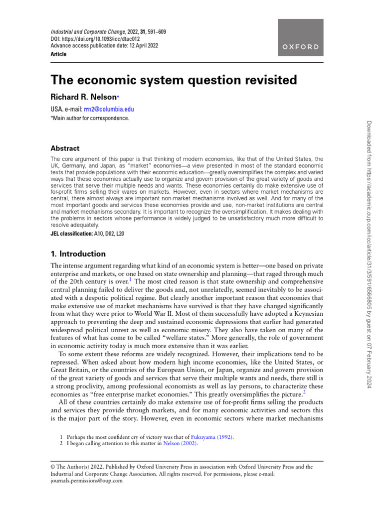 NELSON The economic system question revisited | PDF | Economics ...