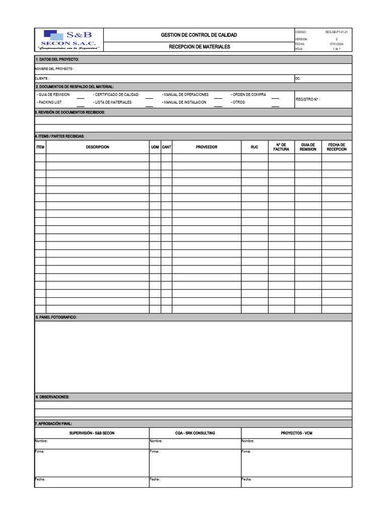 REG-SB-PT-01-21 - Protocolo de Recepción de Materiales | PDF