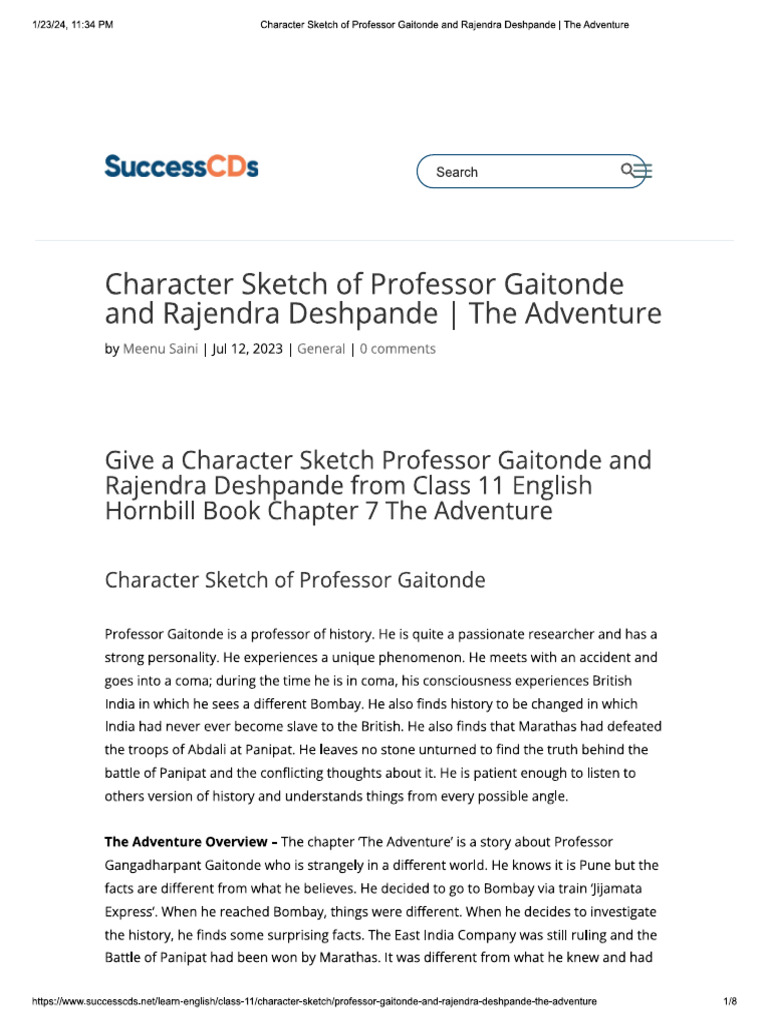 The Adventure Char Sketch Class 11 | PDF