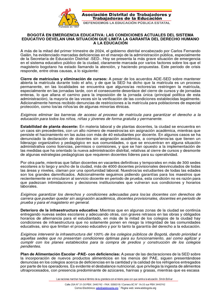 Bogotá en Emergencia Educativa. Las Condiciones Actuales Del Sistema ...