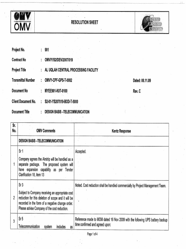 MYEE901-K0T-0100 Rev. 0 - Design Basis - Telecommunications | PDF