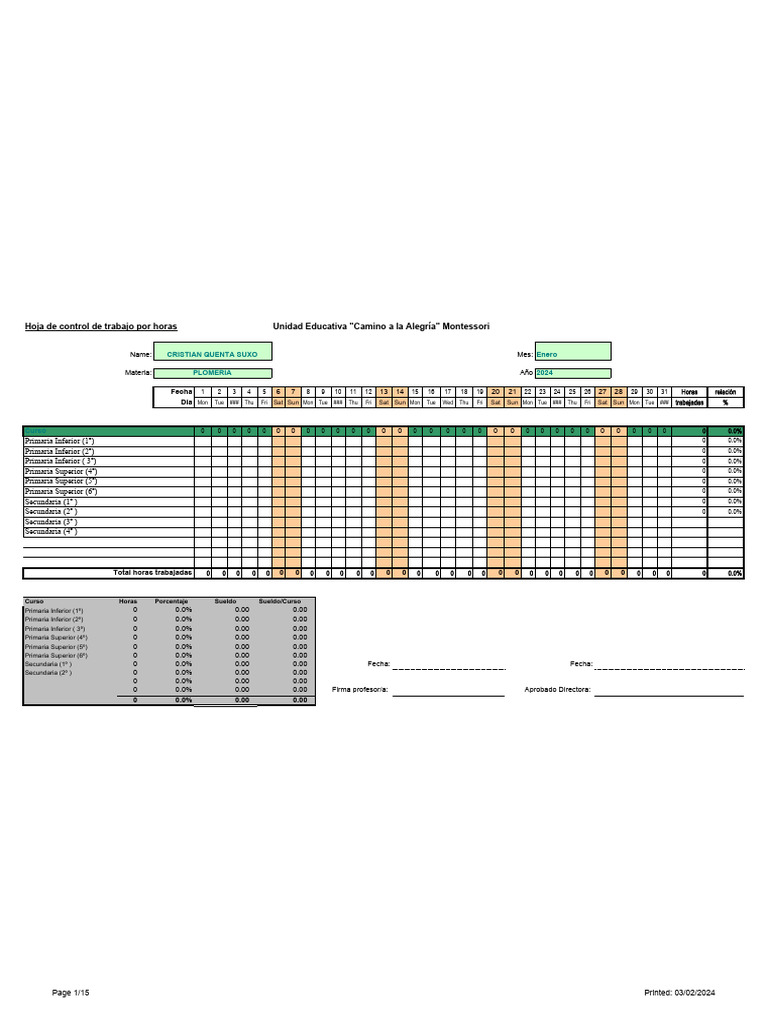 Planilla Horas Trabajadas - 2024 | PDF | Etapas educativas | Educación ...
