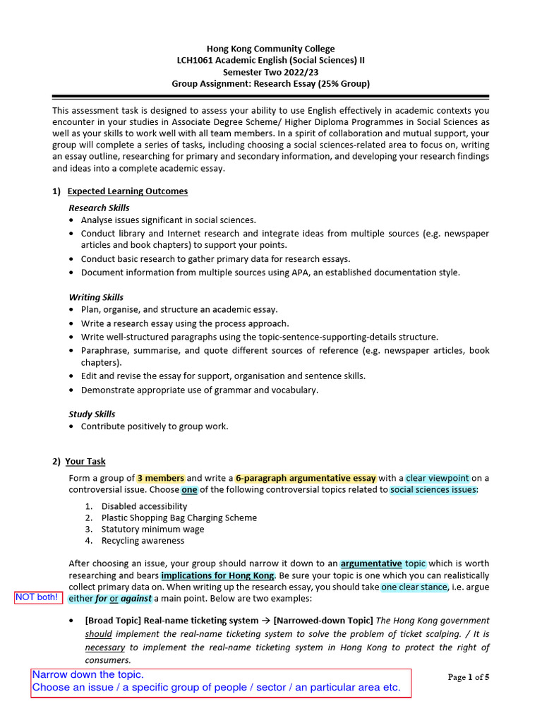 LCH1061 Research Essay Guidelines - With Notes | PDF