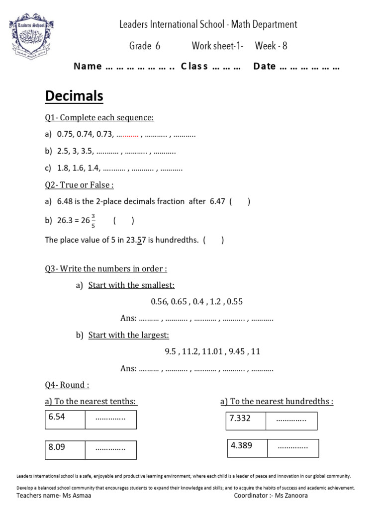 Math G6 Enrichment Sheets, Mid-Term, 2nd Term | PDF | Mathematics ...