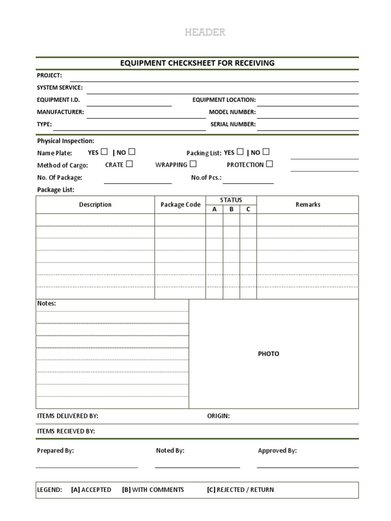 Header: Equipment Checksheet For Receiving | PDF | Aisle | Personal ...