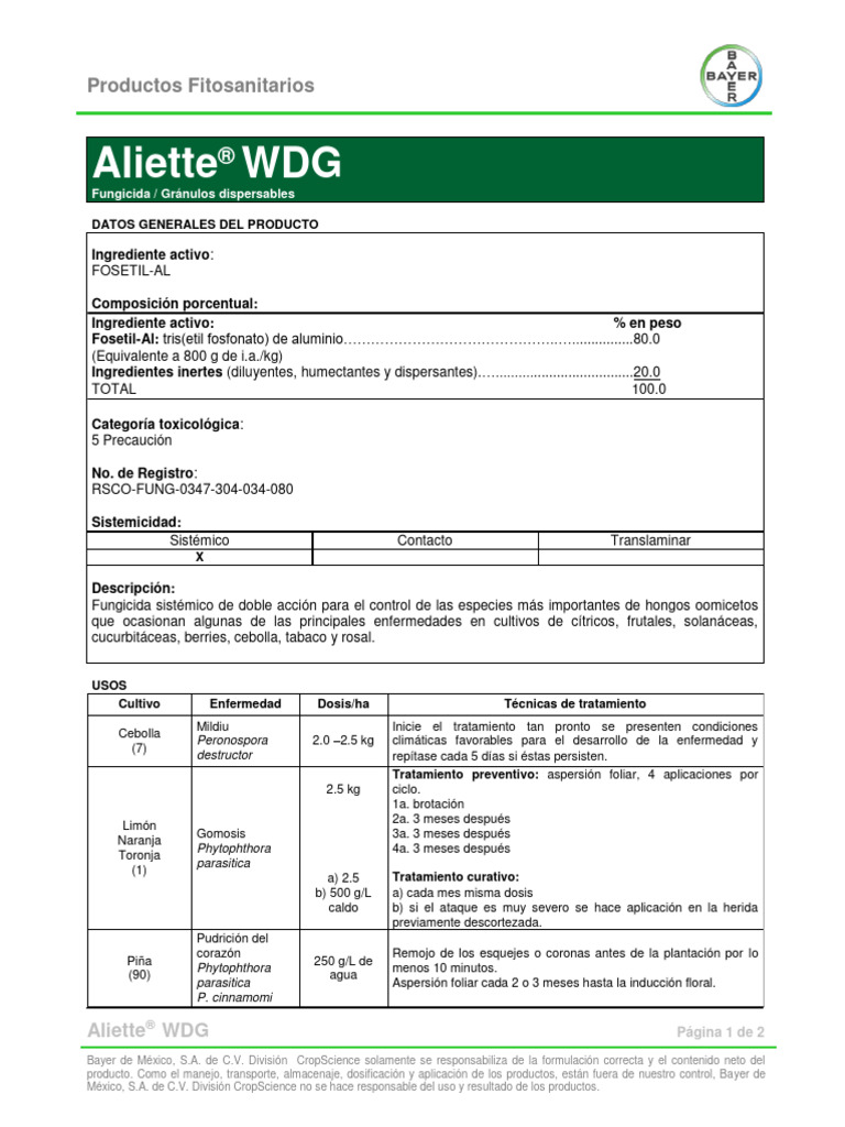 Ficha Técnica Aliette Bayer (México) | PDF | Fruta | Agricultura