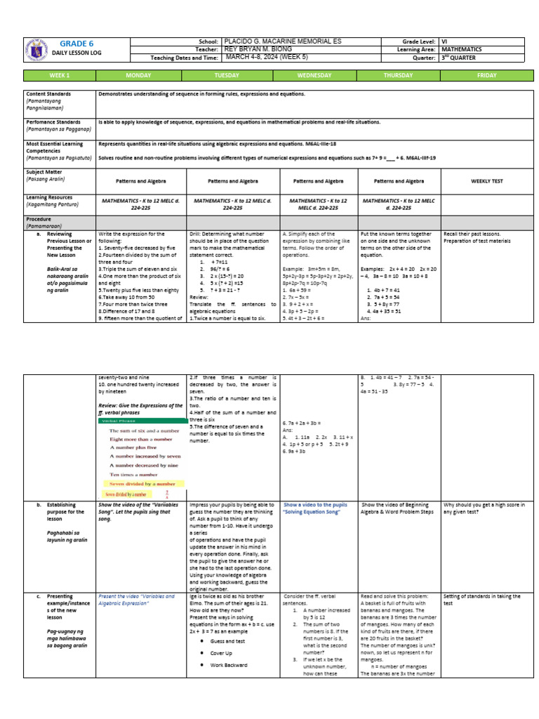DLL Math6 Week5 - Q3 | PDF