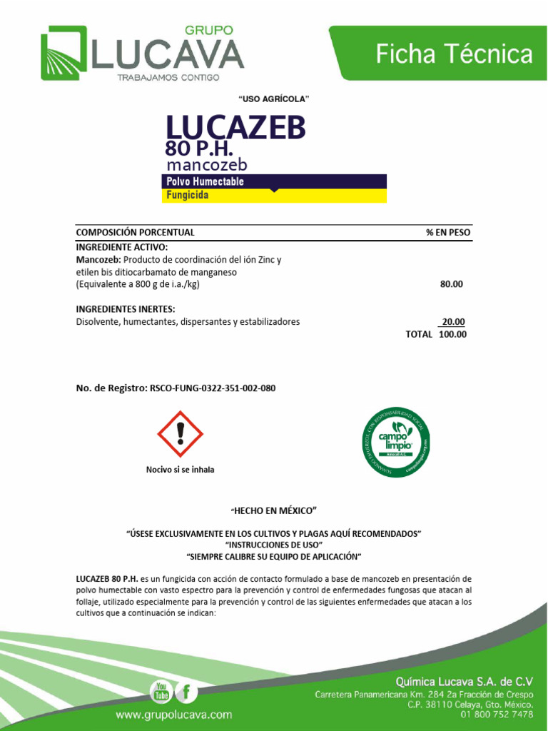 Ficha Técnica Lucazeb 80 PH Lucava (México) | PDF