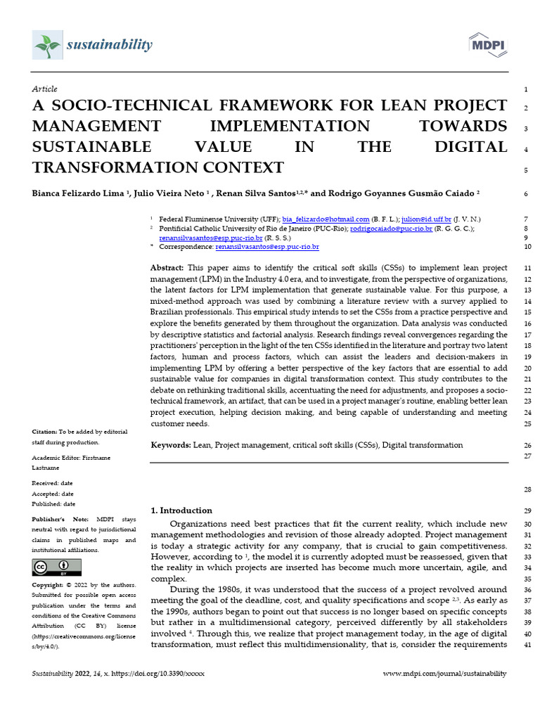 Sustainability 2078410 Peer Review v1 | PDF | Project Management | Lean Manufacturing
