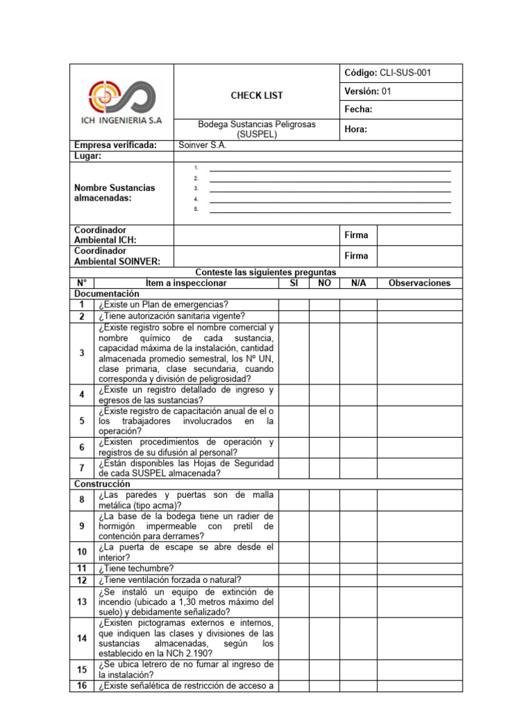 Check List Bodega Sustancias Peligrosas 001 | PDF
