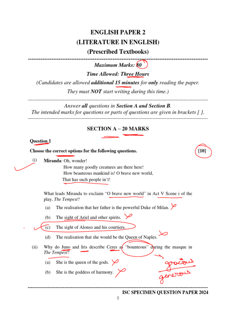 801B English Literature in English Specimen Paper | PDF | The Tempest