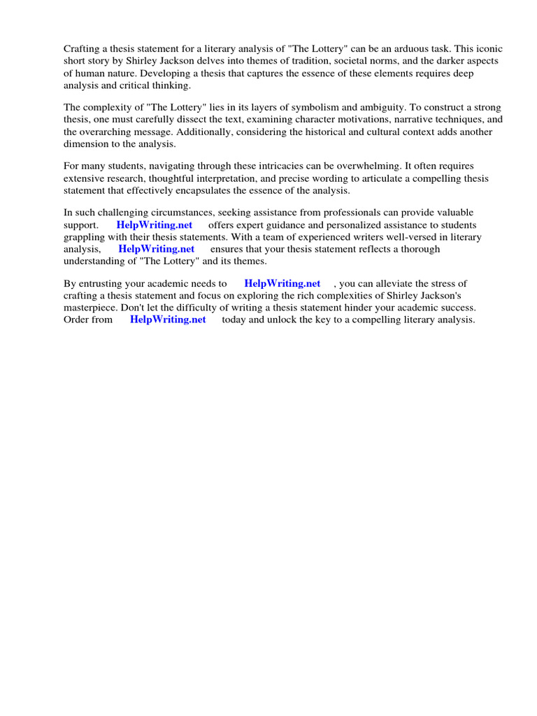 Thesis Statement For Literary Analysis of The Lottery | PDF | Essays ...