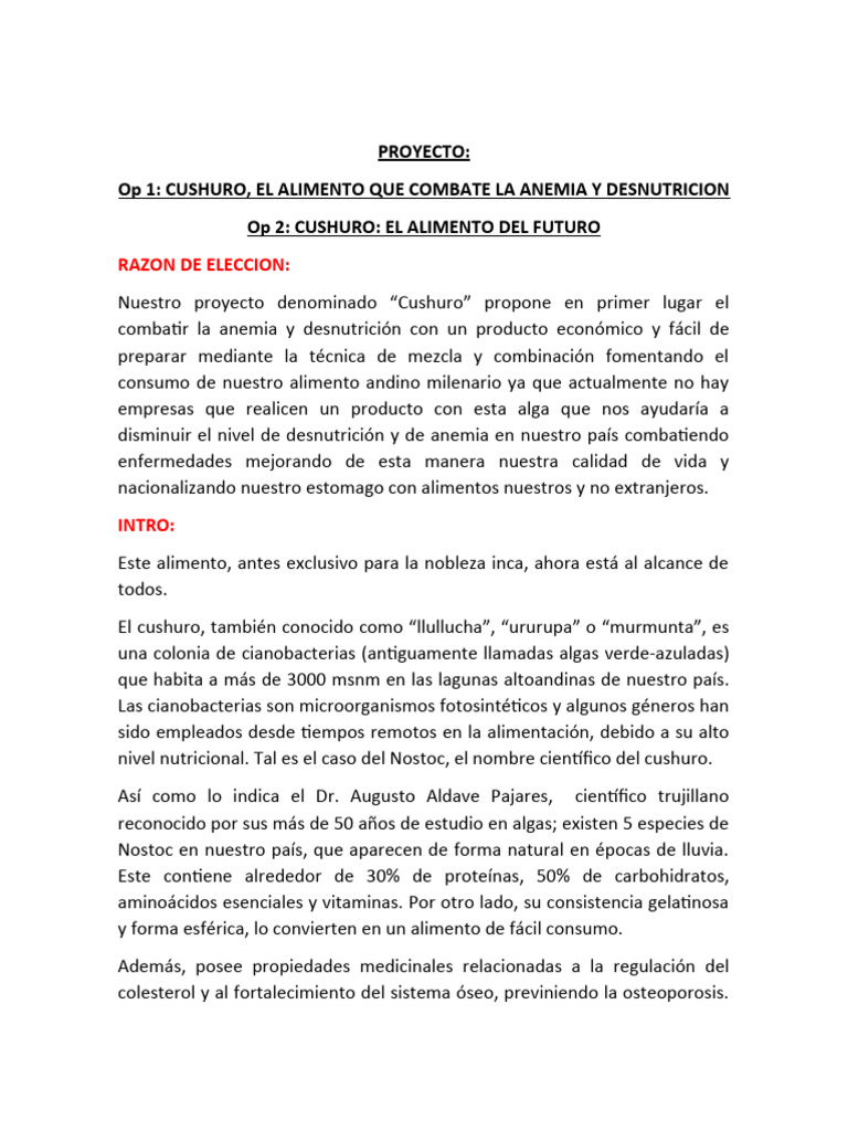 Proyecto Cushuro Jonathan Cordova | PDF | Alimentos | Algas