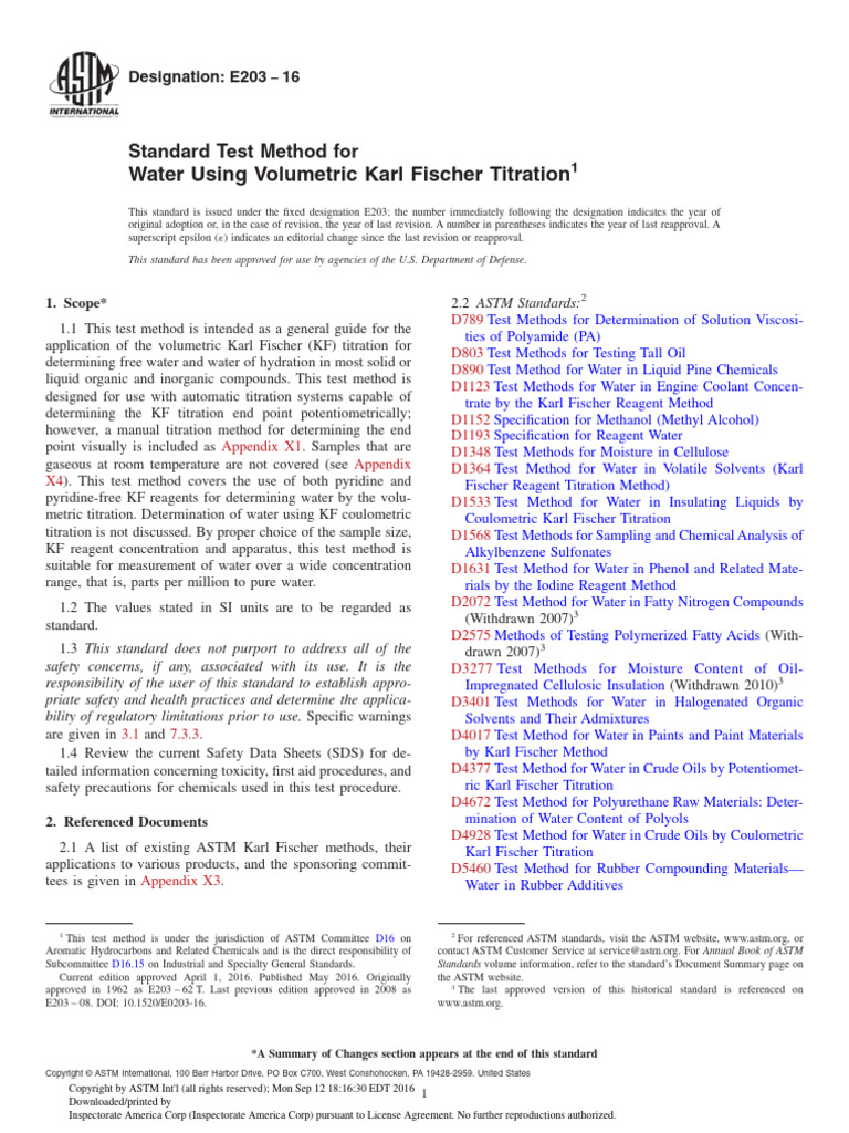 ASTM E203-16 - Water Using Volumetric Karl Fischer Titration | PDF ...