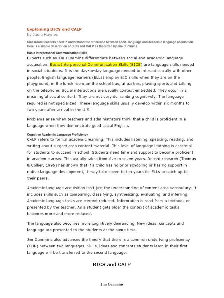 Explaining BICS and CALP | PDF | English As A Second Or Foreign ...