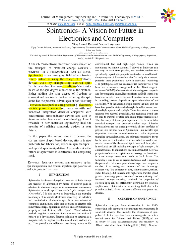 2015.spintronics - A Vision For Future | PDF | Computer Memory | Spin (Physics)