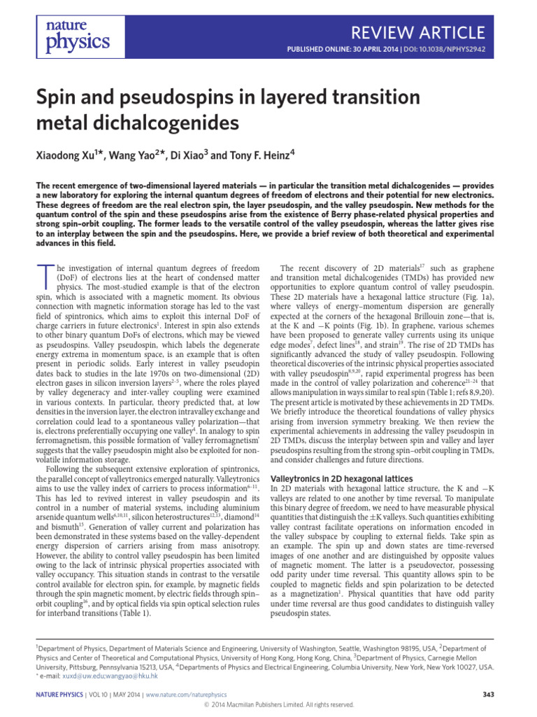 2014.spin and Pseudospins in Layered Transition Metal Dichalcogenides | PDF | Spin (Physics ...