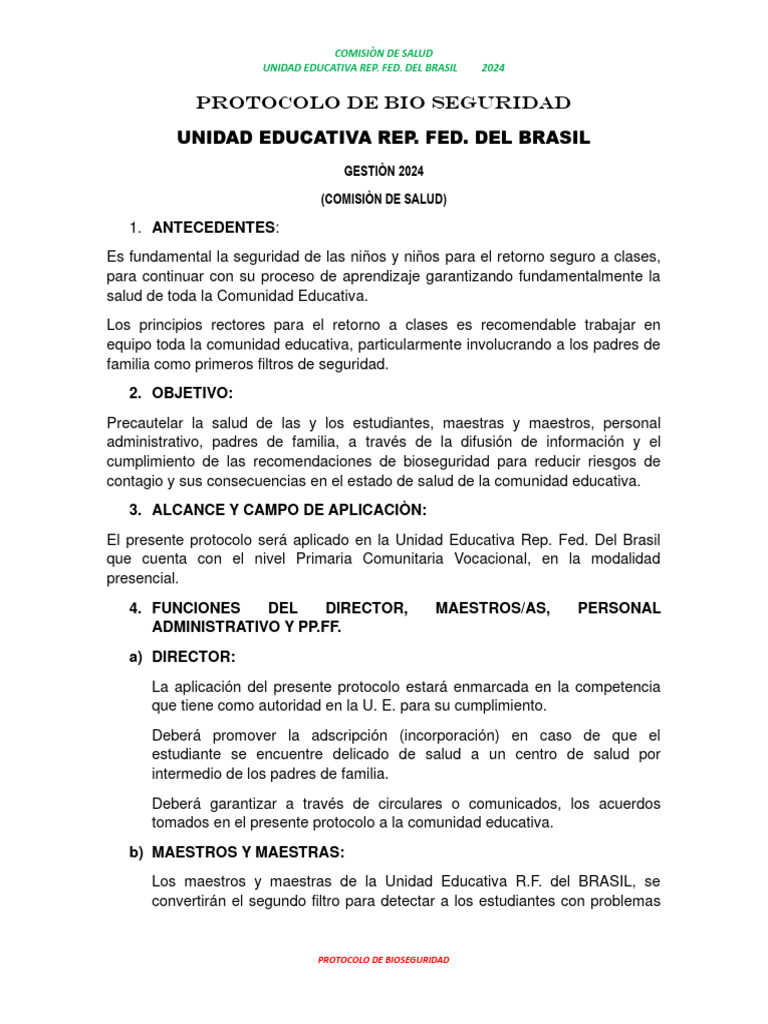 Protocolo de Bio Seguridad U.E. Brasil 2024 | PDF