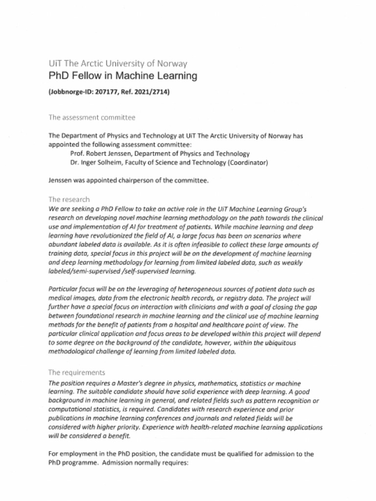 Assessment of Applicants - PHD Fellow in Machine Learning 2021-2714 | PDF
