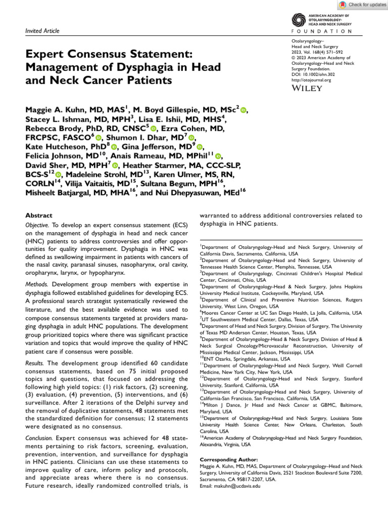 Expert Consensus Statement Management Of Dysphagia In Head And Neck