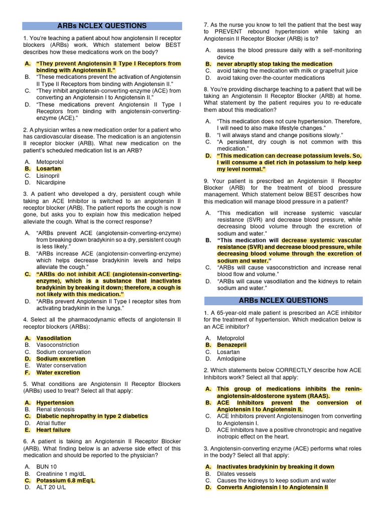 ARBs vs ACE Inhibitors: NCLEX Review | PDF | Angiotensin | Clinical ...