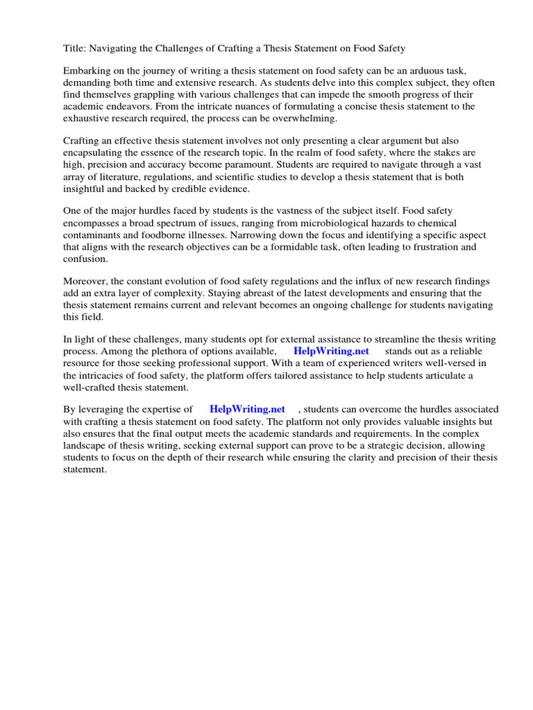 Thesis Statement Food Safety | PDF